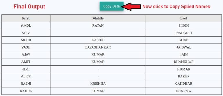 Split Names [First Name — Middle Name — Last Name] Online in Bulk