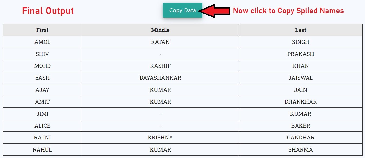 Split Names [First Name — Middle Name — Last Name] Online in Bulk