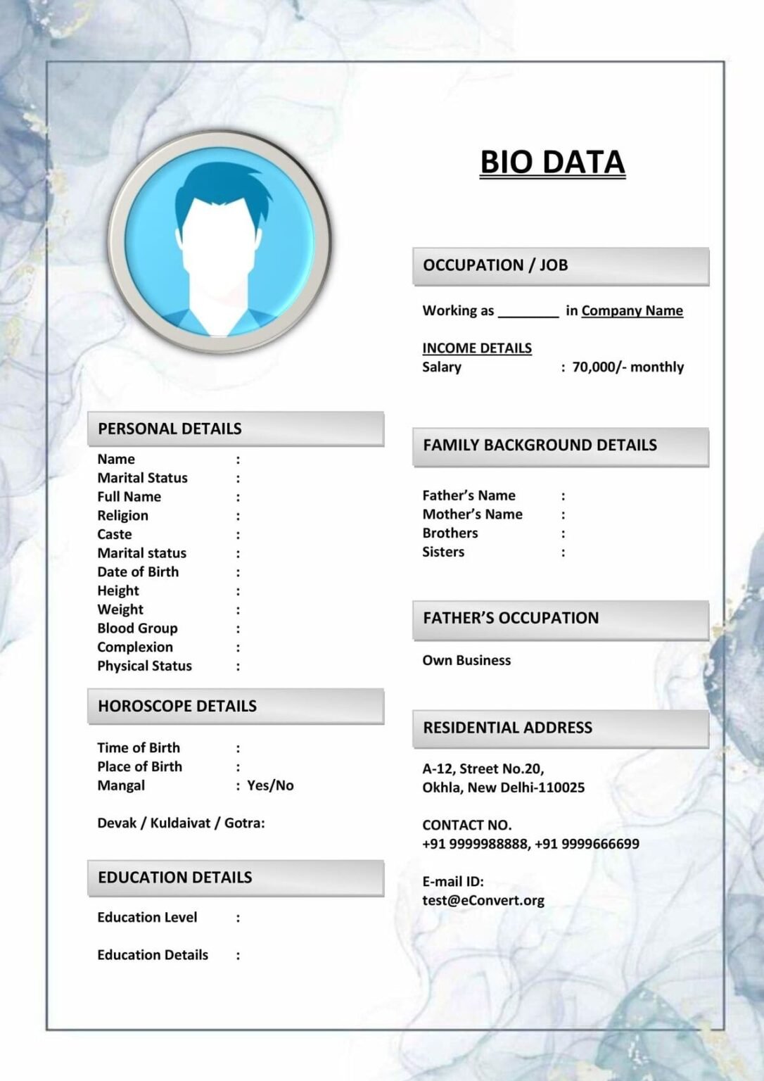 Bio with Editable Family Description Block for Marriage (Download in Word)