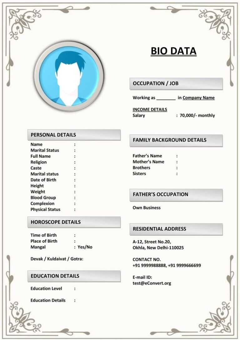 Biodata Template with Editable Fonts & Margins (Download in Word)