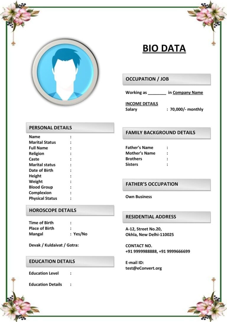 Biodata Template with Editable Footer Notes (Download in Word)