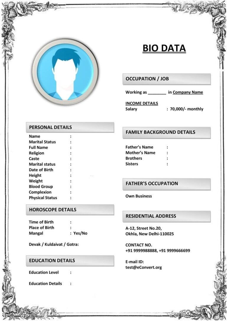 Bold and Professional Marriage Bio Format (Download in Word)