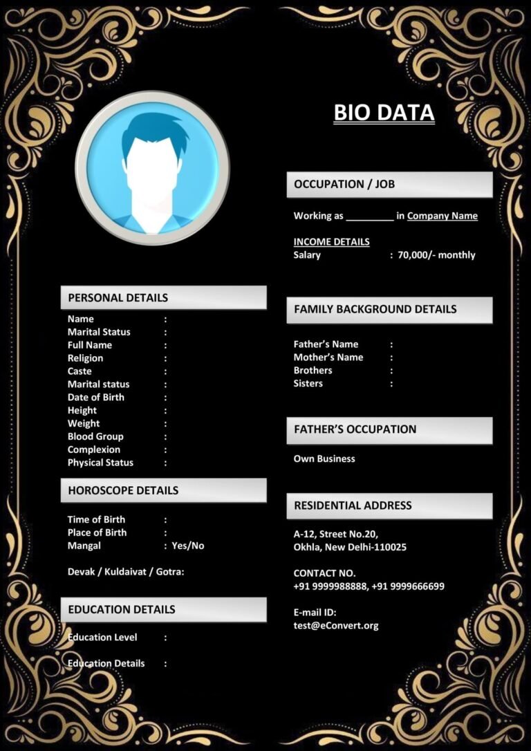 Bride Biodata with Slim Design and Photo (Download in Word)