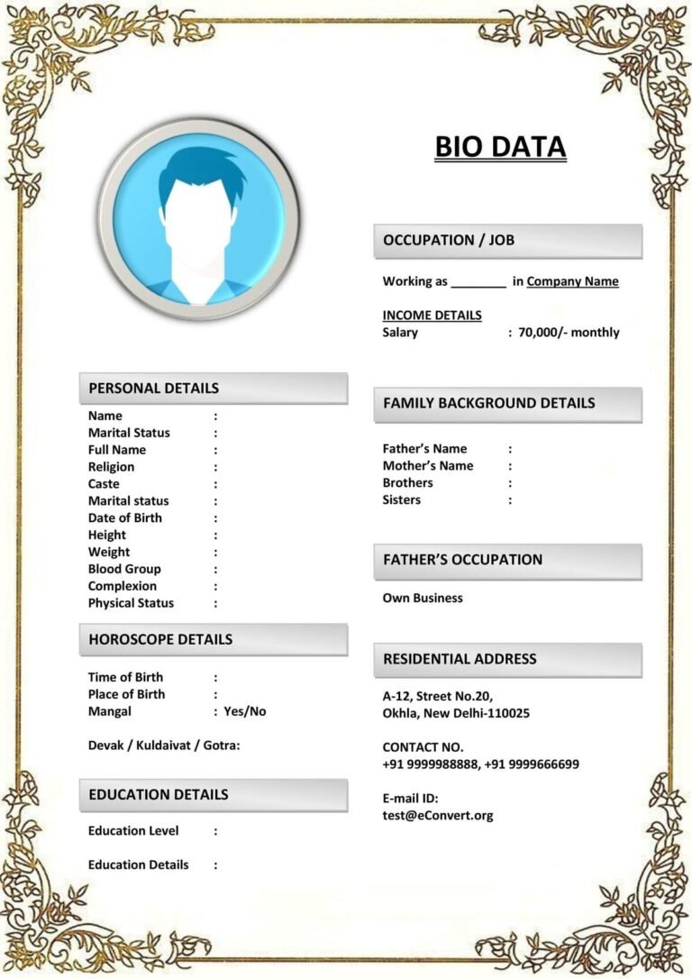 Bride Marriage Resume with Profile Picture Slot (Download in Word)