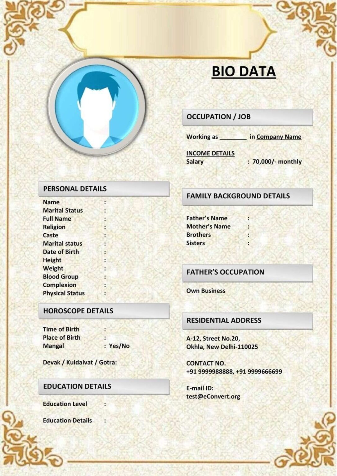 Bride Matrimonial Profile with Preferences (Download in Word)