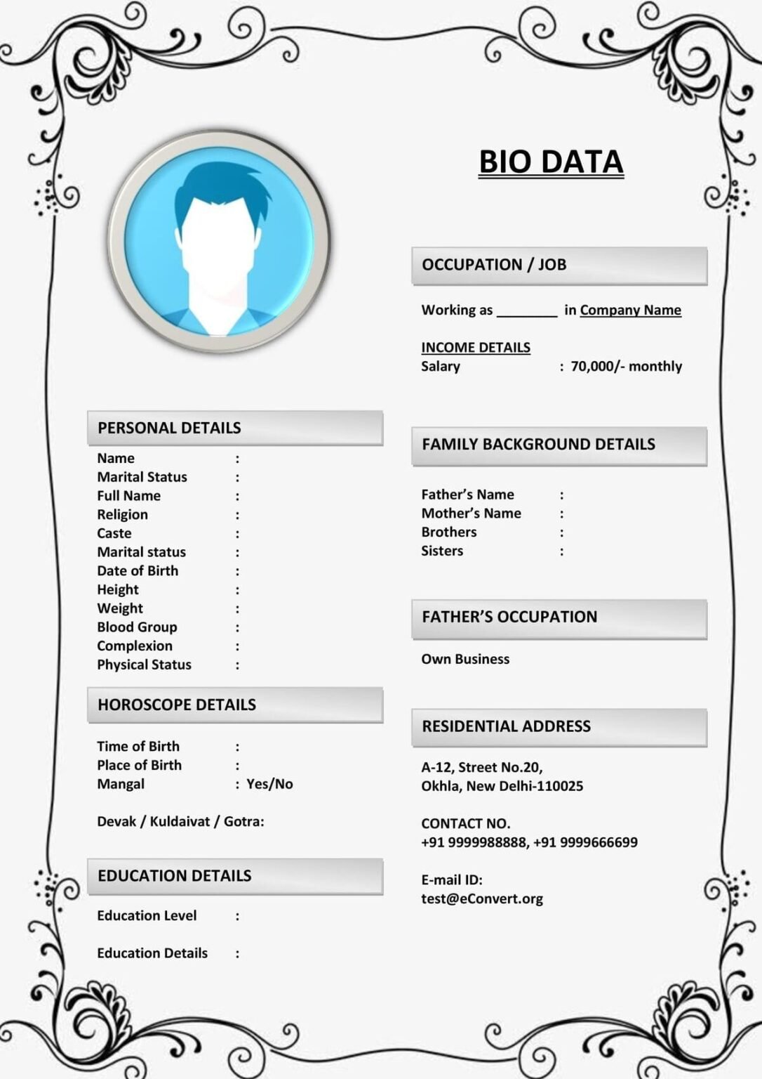 Career-Focused Matrimony Biodata for Men (Download in Word)