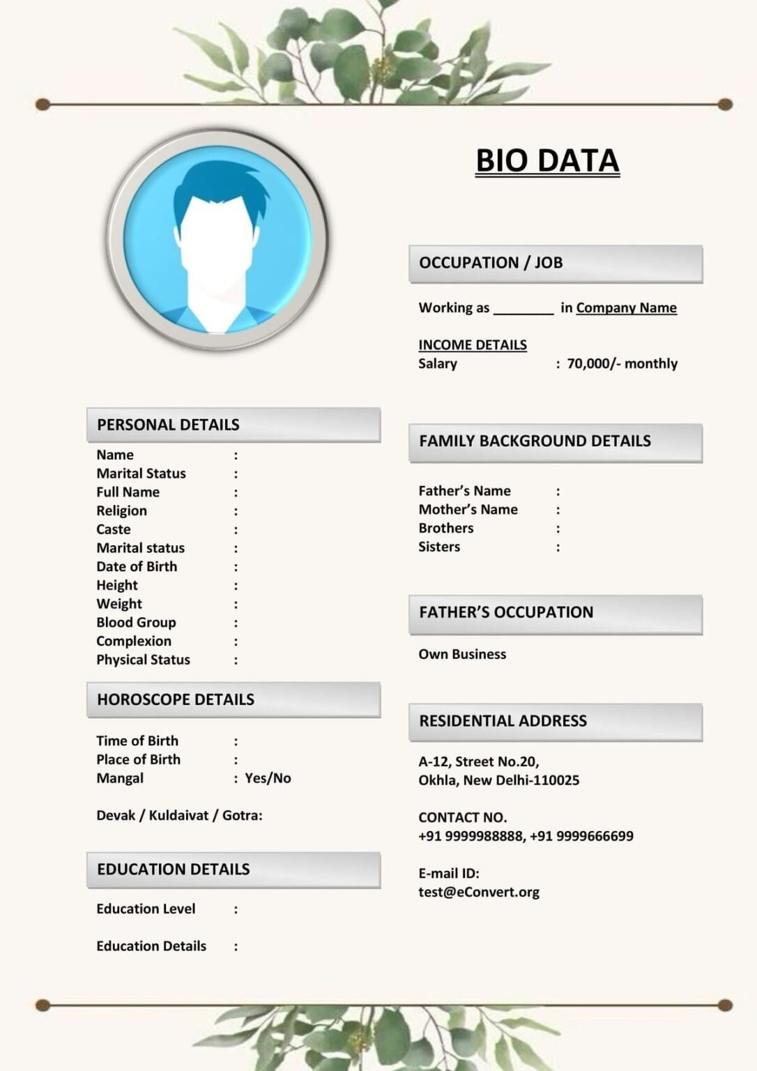 Dynamic Biodata Template with Editable Headings (Download in Word)