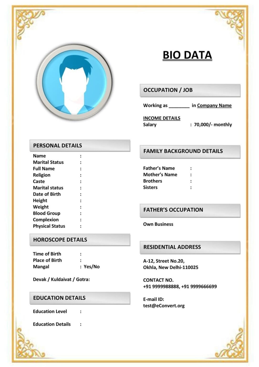 Formal Marriage Biodata Format with Sections (Download in Word)