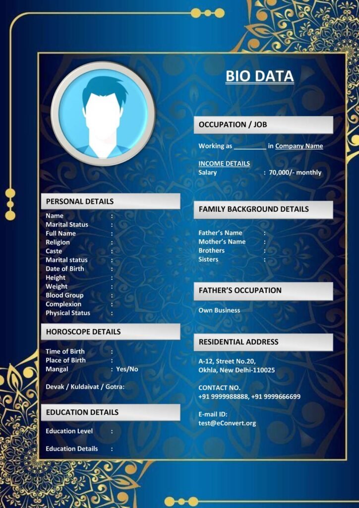 Groom Biodata Format with Editable Sections (Download in Word)