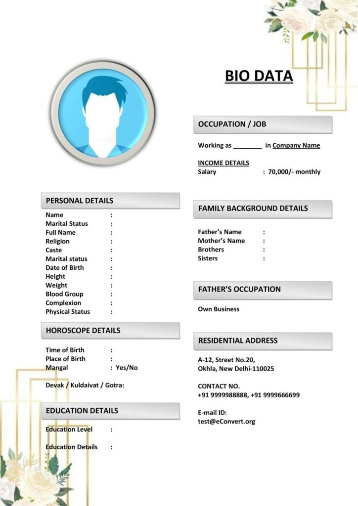 Neatly Structured Word Biodata for Grooms (Download in Word)