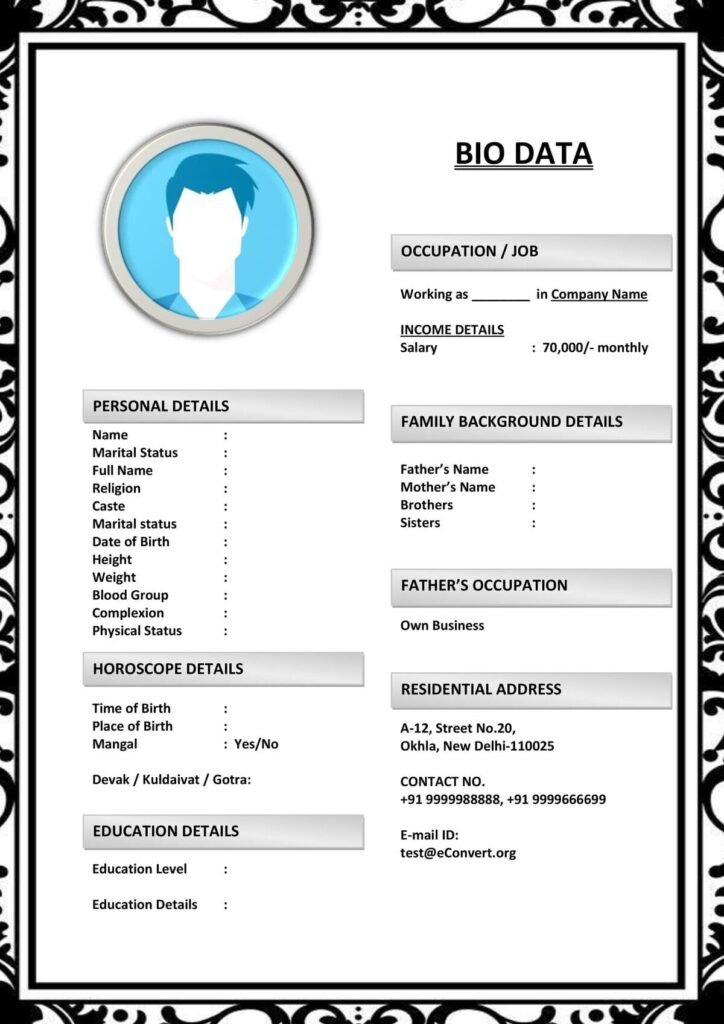 Resume Format for Marriage with Table Layout (Download in Word)