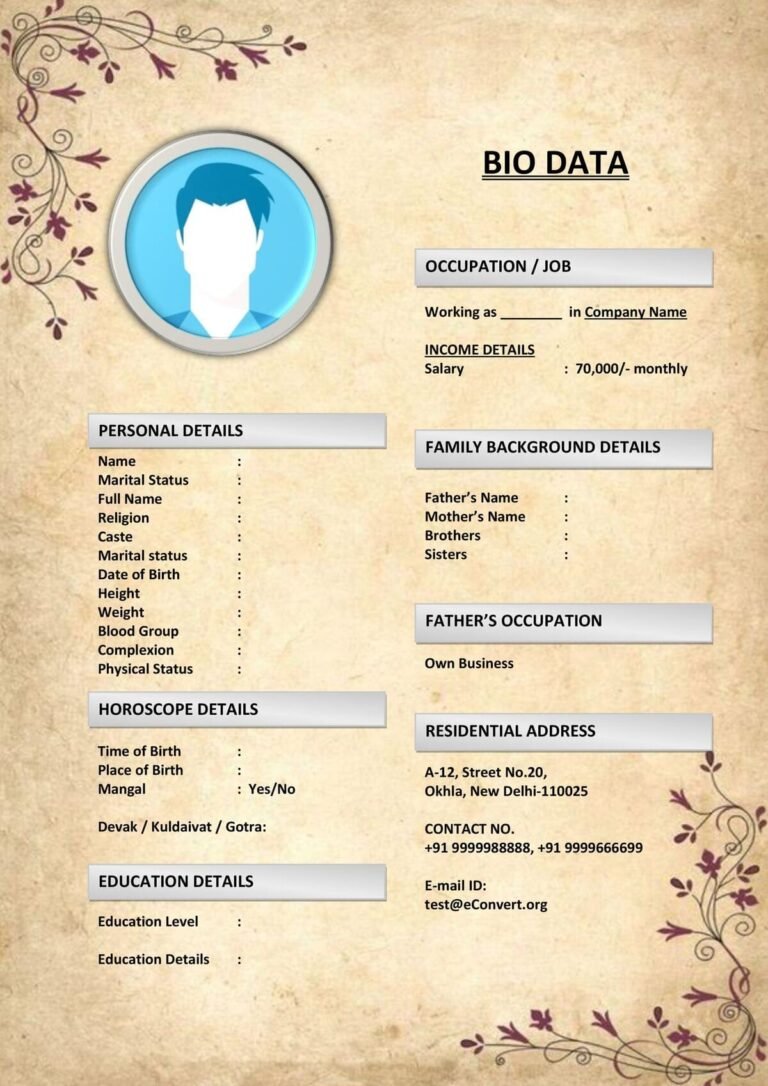Simple Groom Biodata for WhatsApp Sharing (Download in Word)