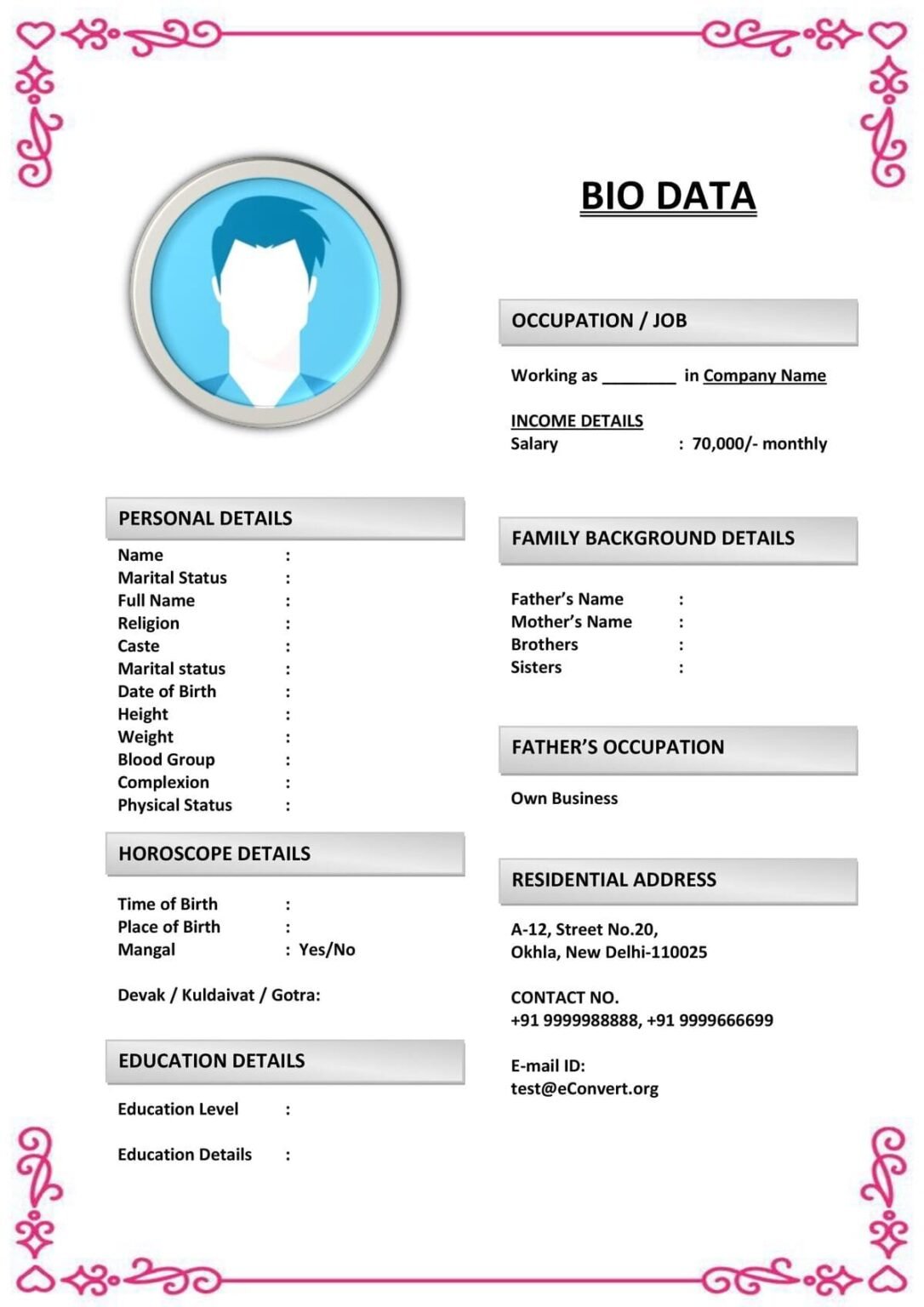 Simple Traditional Bio in Word for Hindu Weddings (Download in Word)