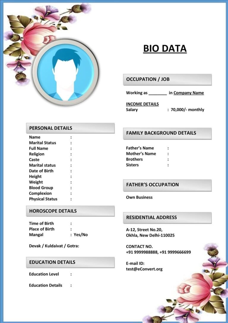 Smart Bio Format for Arranged Marriages in Cities (Download in Word)