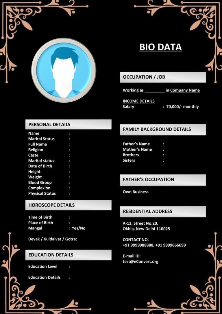 Traditional Hindu Marriage Biodata Format (Download in Word)